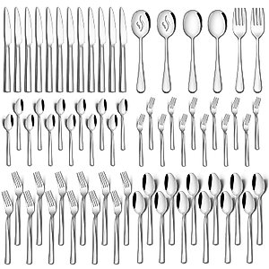 66 Pieces Silverware Flatware Set with Serving Utensils, Stainless Steel Square Cutlery Set for 12, Tableware Cutlery Set Include Knife Fork Spoon Set, Mirror Polished, Dishwasher Safe