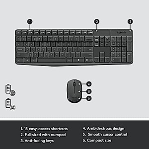 Logitech MK235 Wireless Keyboard and Mouse Combo for Windows, 2.4 GHz Wireless Unifying USB Receiver, 15 FN Keys, Long Battery Life, Compatible with PC, Laptop
