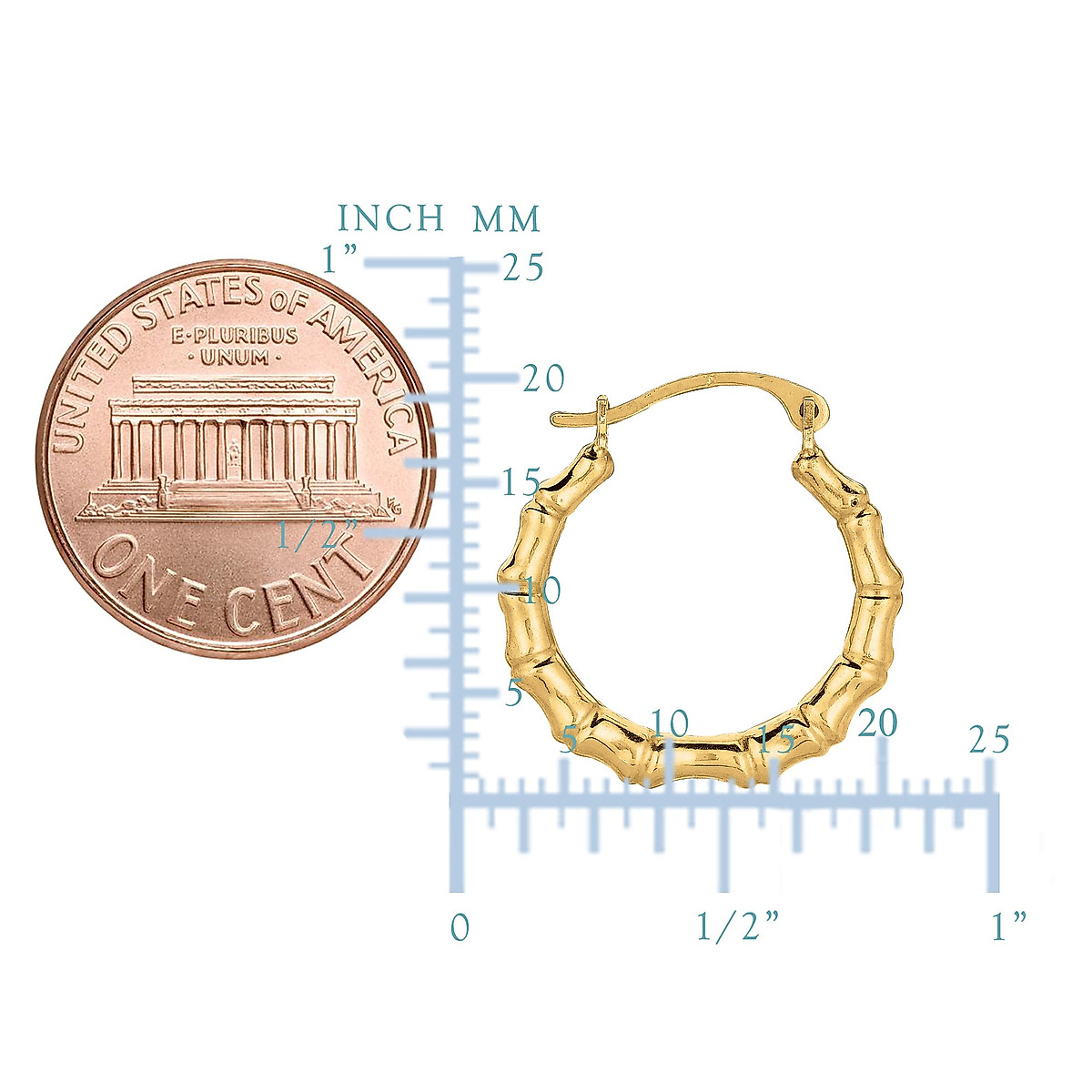 10k Yellow Gold Shiny Bamboo Round Hoop Earrings, Diameter 18mm