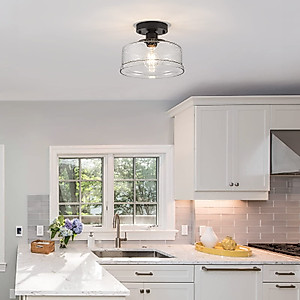 TSMKLEDAN Semi Flush Mount Ceiling Light, Modern Light Fixture Ceiling Mount with Seeded Glass Shade, Black Farmhouse Light Fixtures for Hallway Porch Bedroom Corridor Kitchen