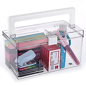 BTSKY Multipurpose Plastic Storage Box with Top Handle & Latch Lock- Portable Storage Box Sewing Box, Tool Box with 2 Removable Grids and Anti-slip Feet for Organizing Art Craft Supplies, Cosmetics, Stationary Supplies(Clear White)