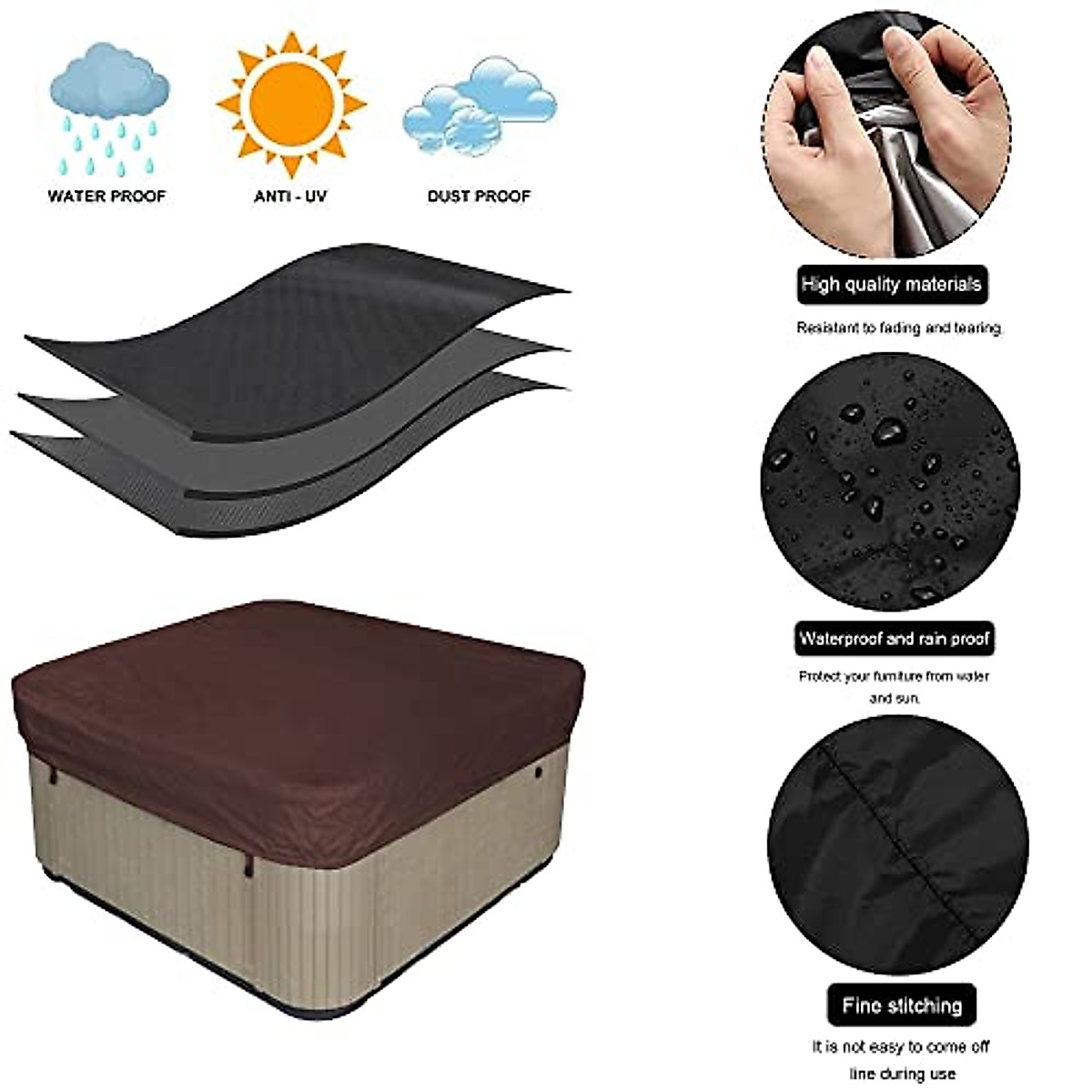 Klzzuk Square Spa Cover, Waterproof UV-Resistant Hot Tub Cover Cap, Outdoor All Seasons Hot Tub Anti-dust Cover, Tear Resistant 210D Oxford Cloth (207 * 207 * 30cm,Black)