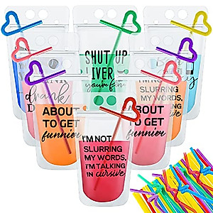 Patelai 24 Sets Drink Pouches with Straws Plastic Drink Bags with Zipper Party Beverage Bags Juice Pouches for Adults(Black Letters)