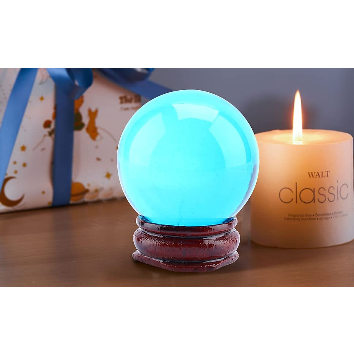 Zerodis Healing Crystal Natural Ball, Quartz Crystal Healing Ball Asian Rare Natural Royal Blue Sphere 40mm with Wood Stand Home Decor Gift