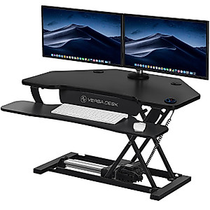 VERSADESK 36" Corner Standing Desk Converter, PowerPro Electric Height Adjustable Desk Riser for Standing or Sitting, Keyboard Tray, USB Charging Port, Holds 80 lbs, Black