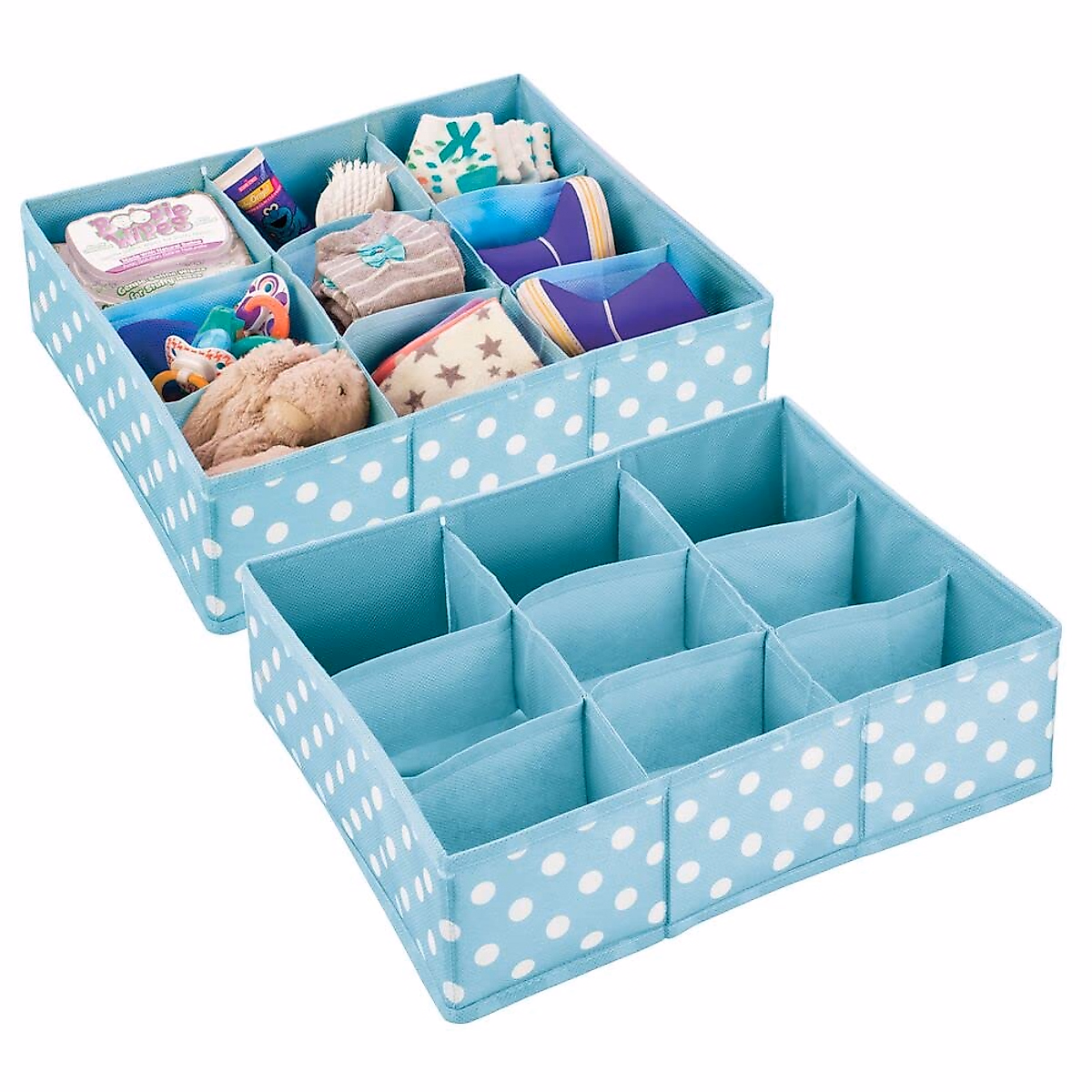 mDesign Soft Fabric 9 Section Dresser Drawer and Closet Storage Organizer for Child/Kids Room, Nursery, Playroom - Divided Large Organizer Bin - Herringbone Print - Turquoise/White - 2 Pack
