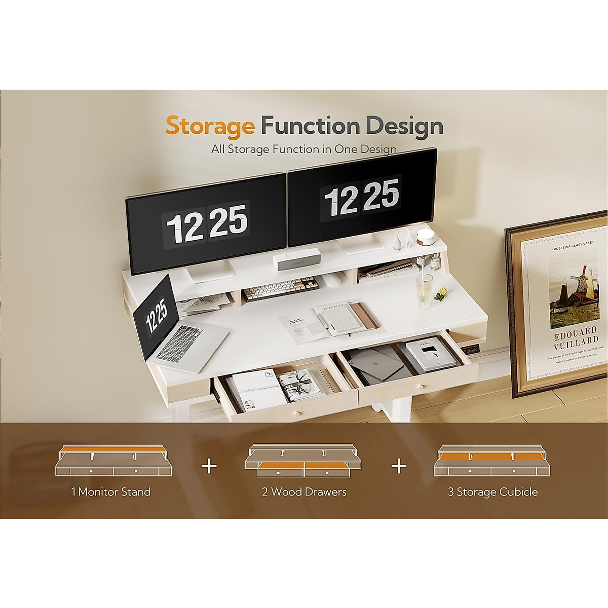 Claiks Standing Desk with Drawers, Electric Adjustable Standing Desk Adjustable Height, Sit Stand Up Desk with Storage Shelves & Wheels, 48 Inch White