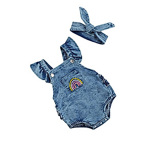 Fanvereka Newborn Baby Girls Rainbow Rompers Sleeveless Summer Ruffle Bodysuit Denim Rib Jumpsuit Headwear 2pcs Outfit Set (Blue, 3-6 Months)