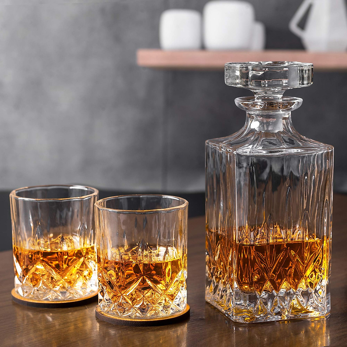KANARS Whiskey Decanter And Glasses Set in Unique Gift Box - Original Crystal Liquor Decanter Set For Bourbon, Scotch, Vodka, Rum or Whisky, 5-Piece, Gifts for Men Dad