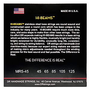 DR Strings HI-BEAMS - Stainless Steel 5-String Bass Guitar Strings, 45-125, Round Core