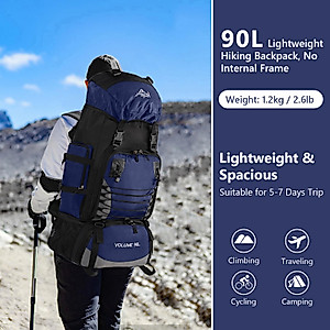 Unineovo 90L Hiking Backpack, Waterproof Camping Bag with Rain Cover, Lightweight Backpacking Back Pack - No Frame (Blue)