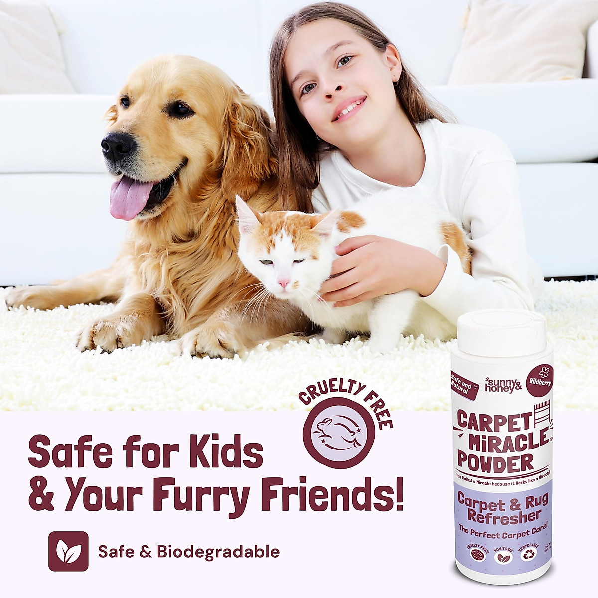 Sunny & Honey Carpet Miracle Powder - Dry Cleaner, Freshener & Deodorizer Powder for Kids & Pets (Wildberry Scent) - Carpet Cleaner & Upholstery Deodorizer