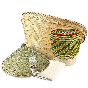 PANWA Sticky Rice Cooking Basket and 24’’ Cheesecloth Filter Wicker Lid and Kratip Container Multicolor 5.5 In