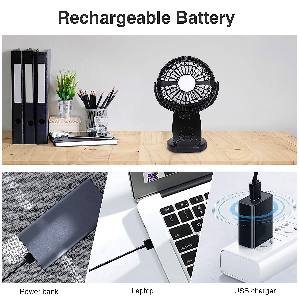 SkyGenius Battery Operated Clip On Oscillating Desk Fan, Portable Rechargeable Mini Personal Fan