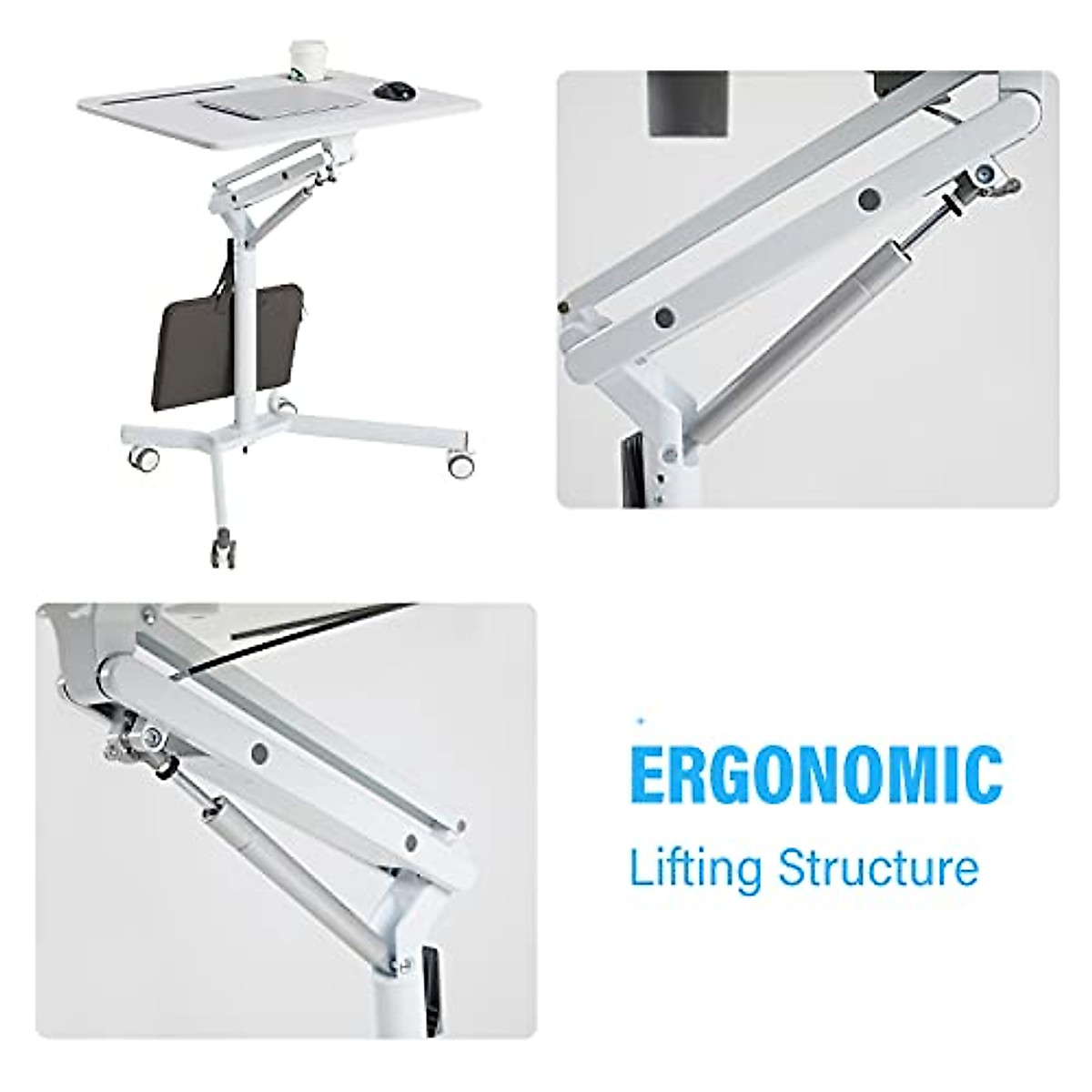 Mobile Sit Stand Desk - Height Adjustable Standing Laptop Desk Cart Rolling Couch Table on Wheels White Workstation with Gas Spring Riser for Home Office Classroom