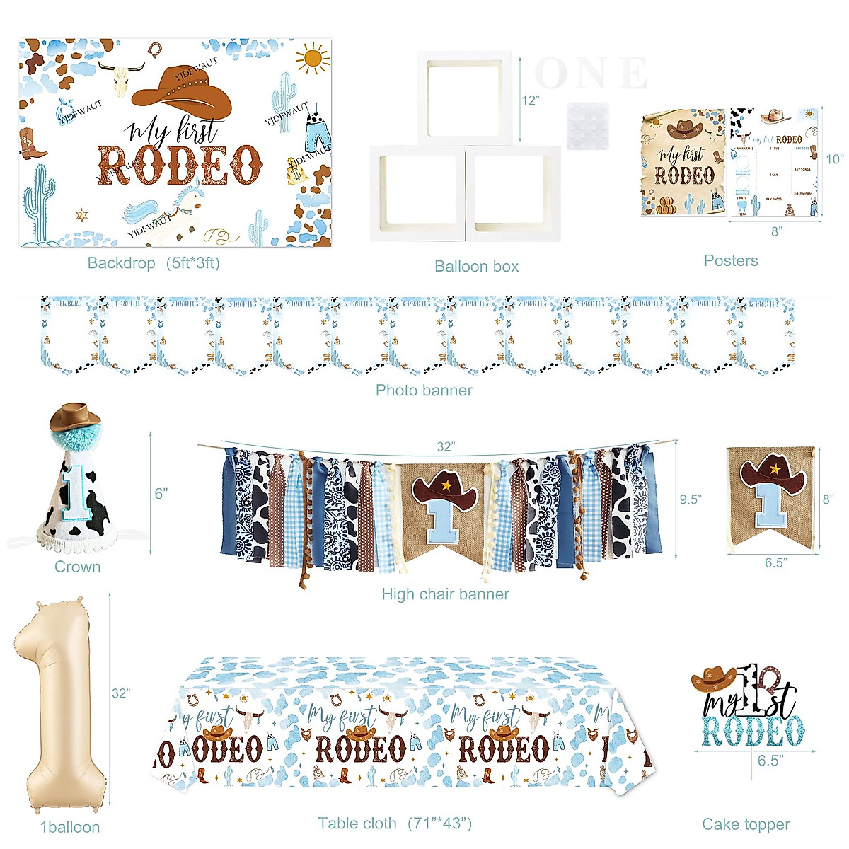 YJDFWAUT Cowboy 1st Birthday Party Decorations, My First Rodeo Birthday Party Supplies, Cowboy 1st Birthday Balloon Arch Balloon Box Photo Banner Highchair Banner Crown foy Baby Boy 1st Birthday