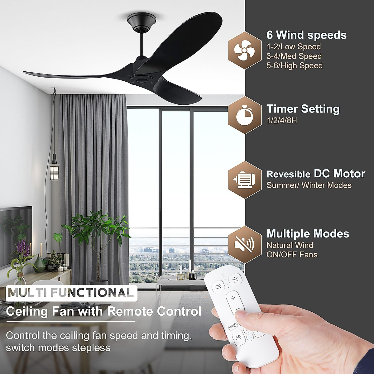 YZEENM 60 Inch Black Ceiling Fan Without Lights, Indoor Outdoor Ceiling Fans for Patios with Remote Control, 6 Speed Reversible Silent DC Motor, Modern Farmhouse 3 Blades Wood Ceiling Fan No Light