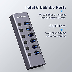 ANYOYO Powered USB 3.0 Hub 6 USB 3.0 Data Ports with SD/TF Card Readers with Individual On/Off Switches (8Ports)