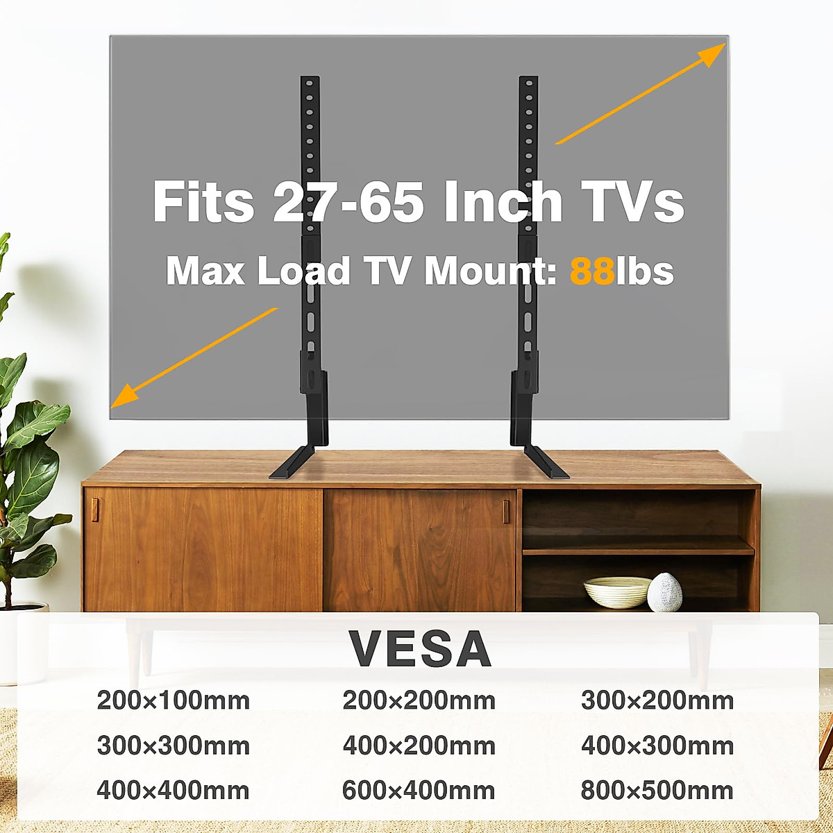 Universal Table Top TV Stand for Most 27 30 32 37 40 43 47 50 55 60 65 Inch Plasma LCD LED Flat or Curved Screen TVs with Height Adjustment, VESA Patterns up to 800x500 mm, 88 lbs