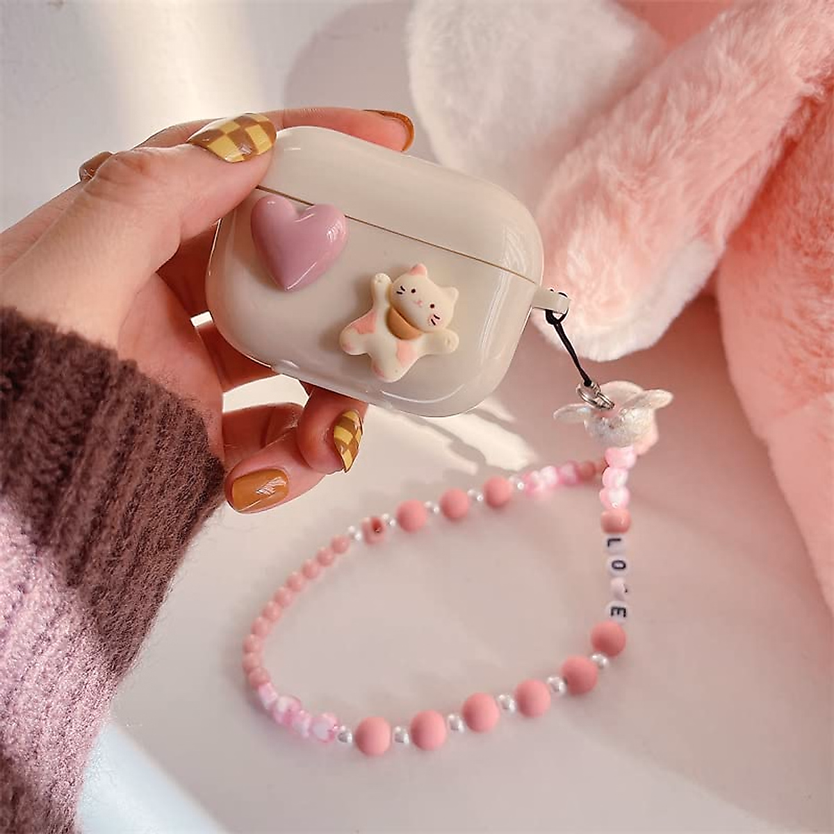Cute Love Heart Cat AirPod Pro Case with Pink Pearl Chain Smooth Soft Protective Cover Compatible with AirPods Pro Case for Women and Girls.