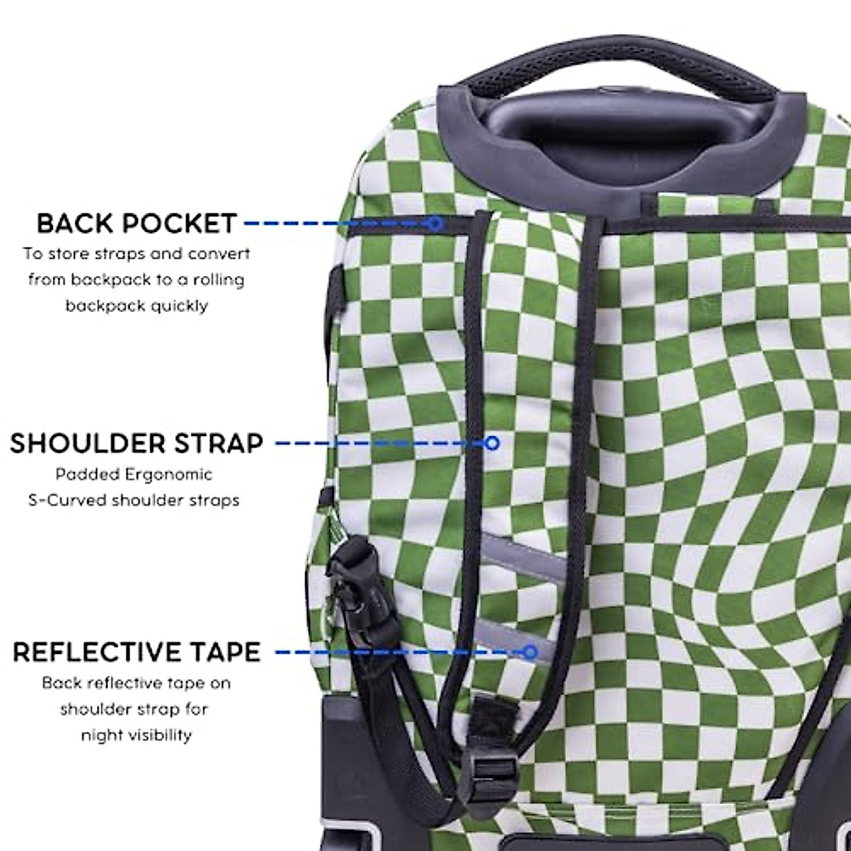 J World New York Lunar Rolling Backpack, Laptop Bag with Wheels, Matcha Checkers, 19.5"