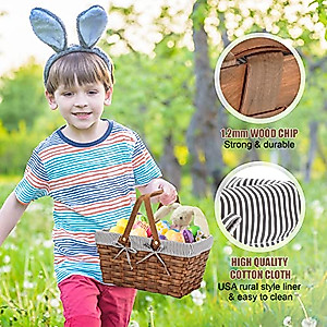 Woodchip Picnic Basket with Double Folding Handles, Natural Hand Woven Basket, Eggs Candy Basket for Easter, Kids Toy Storage Basket, Wedding Flower Girl Baskets for Valentine Day, Birthday, Grey