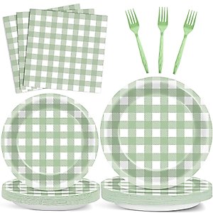 96 Pcs Sage Green Party Decorations Green Gingham Checkered Theme Tableware Set Green Plaid Plates Napkins Forks for Baby Shower Table Dinnerware Kids Boys Birthday Party Supplies 24 Guests