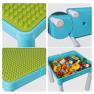 burgkidz Kids 5-in-1 Multi Activity Table Set - Building Block Table with Storage - Play Table Includes 1 Chair and 130 Pieces Compatible Large Bricks Building Blocks for Ages 2 and Up (Blue)