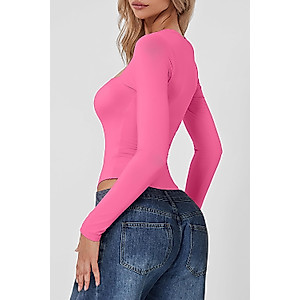 QINSEN Square Neck Shirt for Women Long Sleeve High Leg Thong Bodysuit Tops Magenta M