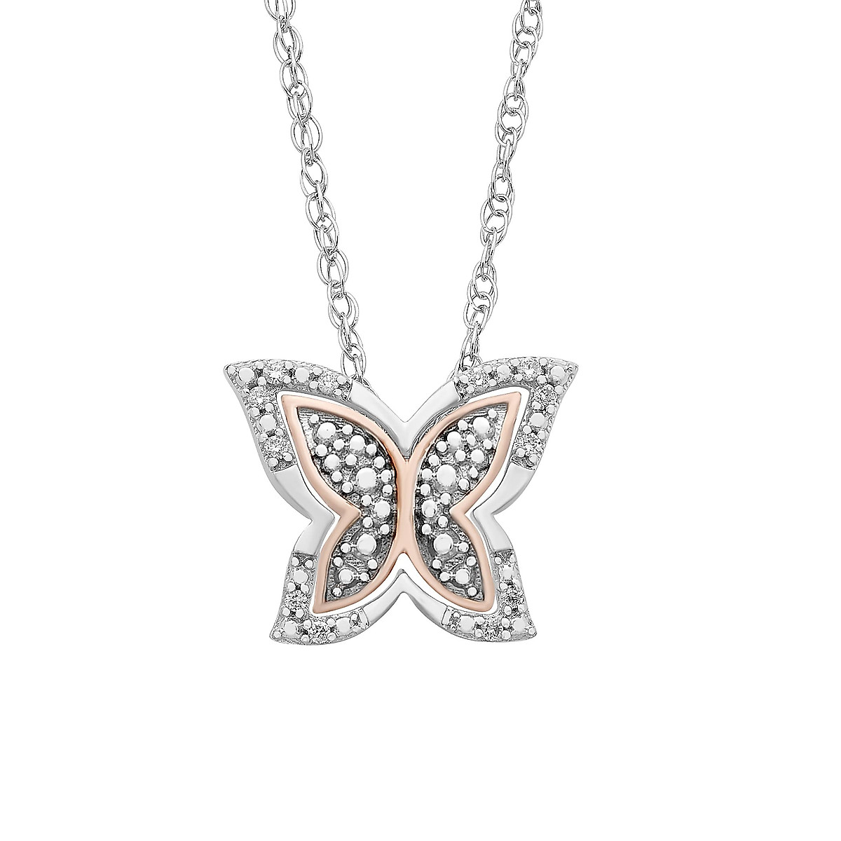Boston Bay Diamonds 14K Rose Gold Plated & .925 Sterling Silver Diamond Accent Mother & Daughter, Best Friends or Sisters Interlocking Butterfly Necklaces (G-H, I2-I3) - 18" & 14"+2"