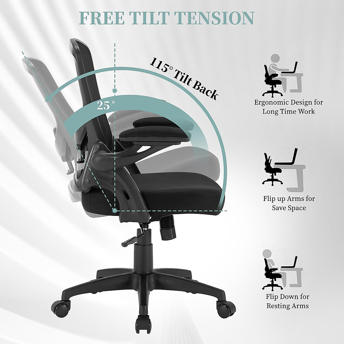 Ergonomic Mesh Office Chair, Comfy Desk Chair with Flip up Armrests, Swivel Computer Desk Chair with Adjustable Lumbar Support and Height for Home Office, 300 lbs Capacity