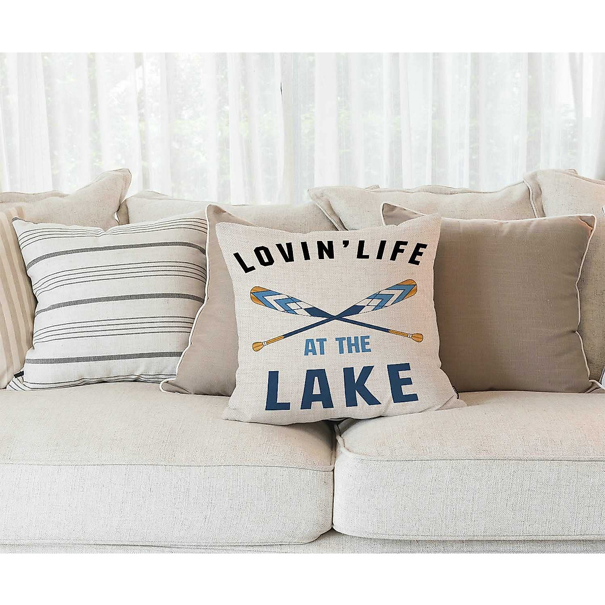Solekla Black Blue Word Art Quote Loving Life at The Lake Wooden Paddle Oar Summer Decorative Cotton Burlap Linen Throw Pillow Case Cushion Cover Sofa Outdoor Decorative Square 18X18 Inches