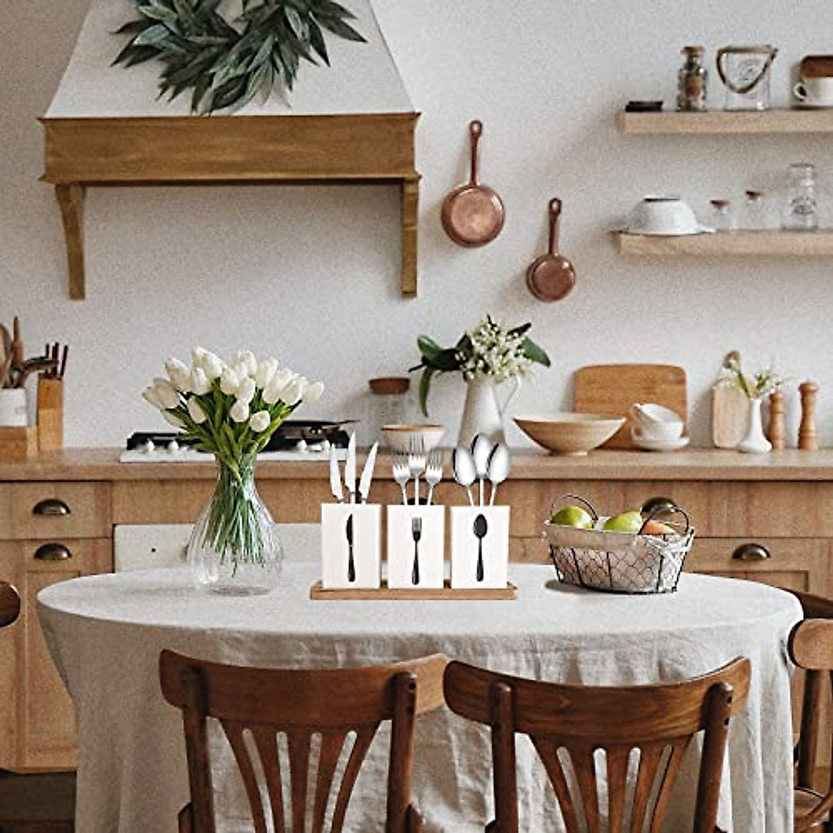 CHONIC Farmhouse Silverware Holder, Rustic Wood Silverware Caddy with Tray, Spoon Fork Knives Flatware Dispenser, Utensil Countertop Organizer, Plastic Cutlery Holder for Kitchen Party (White)