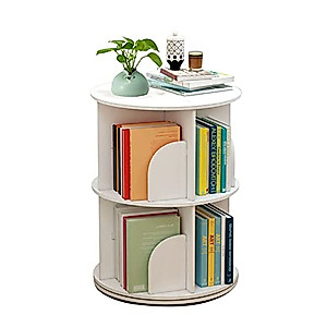 BJTDLLX Rotating Bookshelf, 2 Tiers Freestanding Storage Shelf, 360° Rotating White Bookshelf Round Bookcase Magazines A4 Papers Organizer, for Home Office Living Room 15.7x15.7x23.6in, White 2 Tiers
