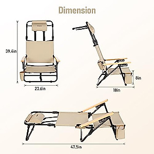 REALEAD Reclining Beach Chairs for Adults - Extendable High Back Low Profile Beach Chair with Headrest, Cooler Pouch, Cup Holder, 4-Position Lay Flat Folding Beach Chairs Heavy Duty Support 330LBS