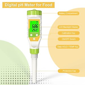 GISNPA Digital pH Meter for Food, 0.01 Resolution High Accuracy Food pH Tester with Backlit LCD Display and ATC for Meat, Bread, Canning, Brewing, Cheese, Solid Sampling, Soft Soil and Water