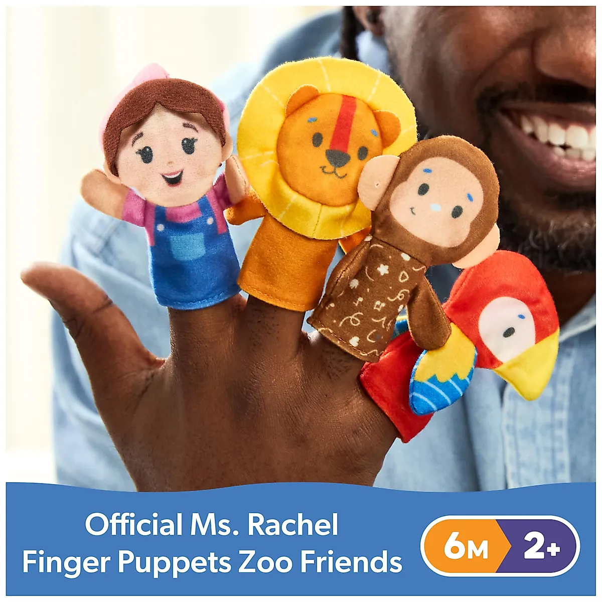 Ms. Rachel Finger Puppets Zoo Friends 4-Pack, Lion, Monkey & Parrot, Educational Toys & Animal Puppets, Toddler Toys for Girls & Boys Ages 6 Months-2+