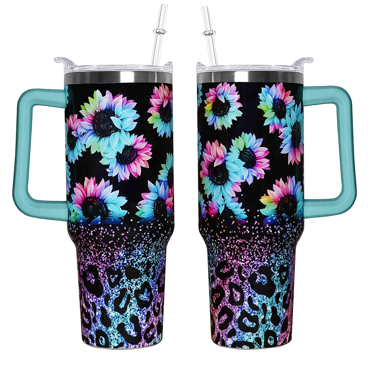 Omezin 40 Oz Sunflower Tumbler With Handle - 40oz Double Insulated Travel Coffee Mug With Lid and Straw - Sunflower Gifts For Women