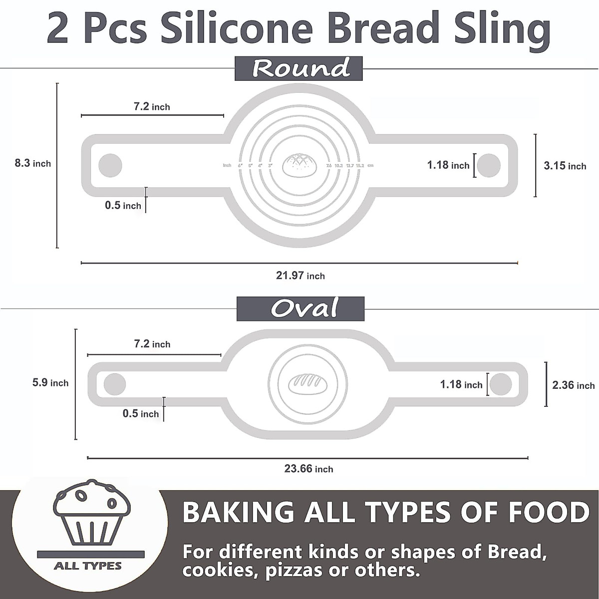 2Pcs Silicone Bread Sling Oval And Round For Dutch Oven, Non-Stick Easy-Clean Reusable Silicone Baking Mat With Long Handles Sourdough Bread Baking Mat Tools Supplier Liner, Gray