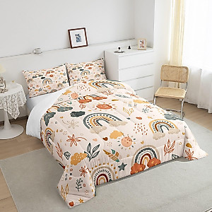 Bohemian Rainbow Twin Comforter Set for Girls Mid Century Style Boho Sun Botanical Leaves Floral Bedding Set for Kids Boys Cartoon Stars Clouds Bed Comforter Sets Hand Drawn Geometric Quilt Duvet