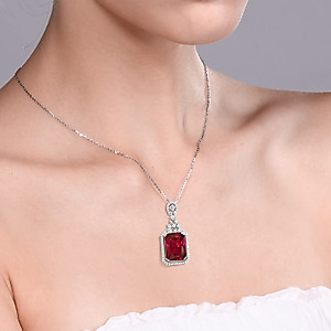 Gem Stone King 925 Sterling Silver Red Created Ruby Pendant Necklace For Women (5.60 Cttw, Emerald Cut 14X10MM, with 18 Inch Silver Chain)