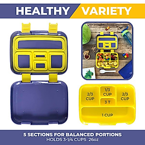 Bundle of Bento Box, Insulated Lunch Bag, Ice Pack & Water Botle Set for Kids - 5 Leakproof Compartments (Blue Yellow Truck) + Toddler Backpack for Boys, Cute 13” (Blue Yellow Trucks)