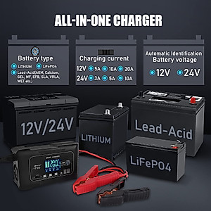 20-Amp Smart Battery Charger,12V/20A and 24V/10A.Lithium,Lifepo4,Lead-Acid(AGM/Gel/SLA..) Car Battery Charger,Trickle Charger, Maintainer/Pulse Repair Charger,for Car ,Boat,Motorcycle, Lawn Mower