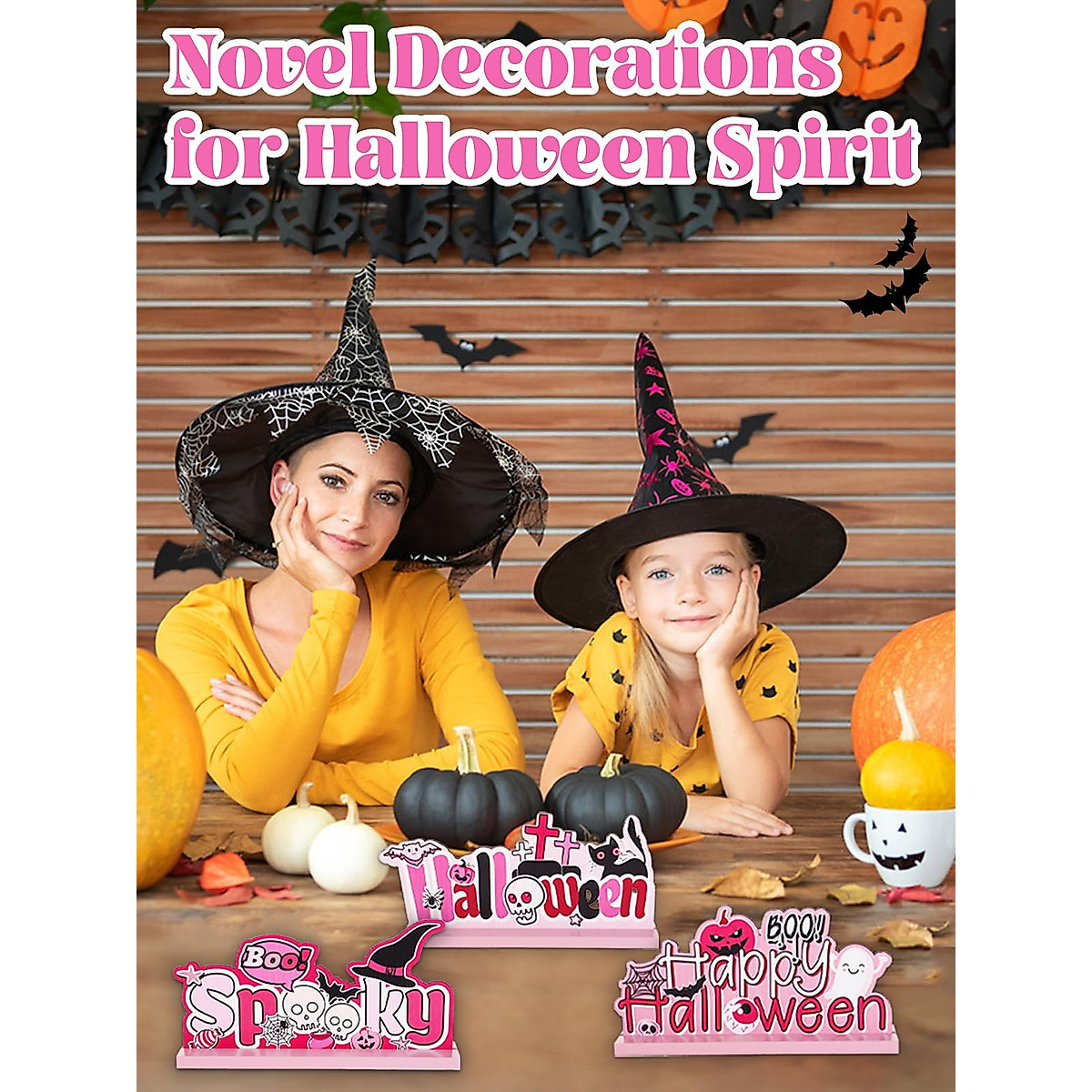 3 pcs Halloween Table Decor Wooden Centerpiece Signs- Happy Halloween Trick or Treat Boo Tabletop Signs with Witch Hat Goast Pumpkin for Home Party Office Desk Halloween Decorations Indoor