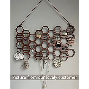 Heesch Hanging Earring Holder Honeycomb Earring Organizer Wall Mount Earring Display Wood Hanging Jewelry Organizer for Stud Earrings, Necklaces (Walnut)