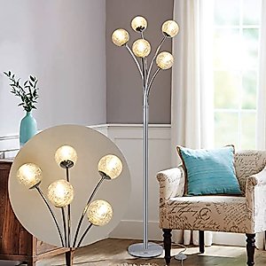 Modern Globe LED Floor Lamps for Living Room-DLLT Standing Lamps with 5 Lights for Bedroom, Tall Pole Tree Accent Lighting for Mid Century, Contemporary Home, G9 Bulb Not Included, Glass Shade Silver