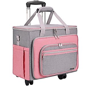 FINESUN Rolling Craft Bag - Rolling Bag with Wheels - Rolling Tote Bag- Rolling Teacher Bag - Wheeled Scrapbook Tote for Scrapbooking and Art - Travel Organizer Storage Bin for Paper,Glue,Tape Pink