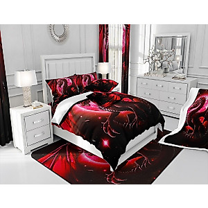 Dragon Duvet Cover Set Twin Size,Starry Sky Moon Night Bedding Set for Kids Boys Teens Women Bedroom Decor,3D Animals Comforter Cover Western Dragon Black Red Quilt Cover,1 Pillowcase