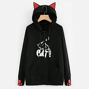 Women Teen Girls Cat Hoodie Sweatshirt Sweater Coats Cute Cat Ear Sleeping Cat Printed Pullover Long Sleeve Sweatshirt
