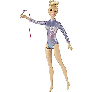 Barbie Rhythmic Gymnast Fashion Doll with Blonde Hair & Brown Eyes, Shimmery Leotard, Baton & Ribbon Accessories 12 Inch